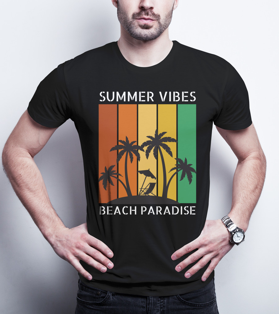 SUMMER VIBES BEACH PARADISE Palm Trees And Lounge Chair On Sunset Stripes T-Shirt
