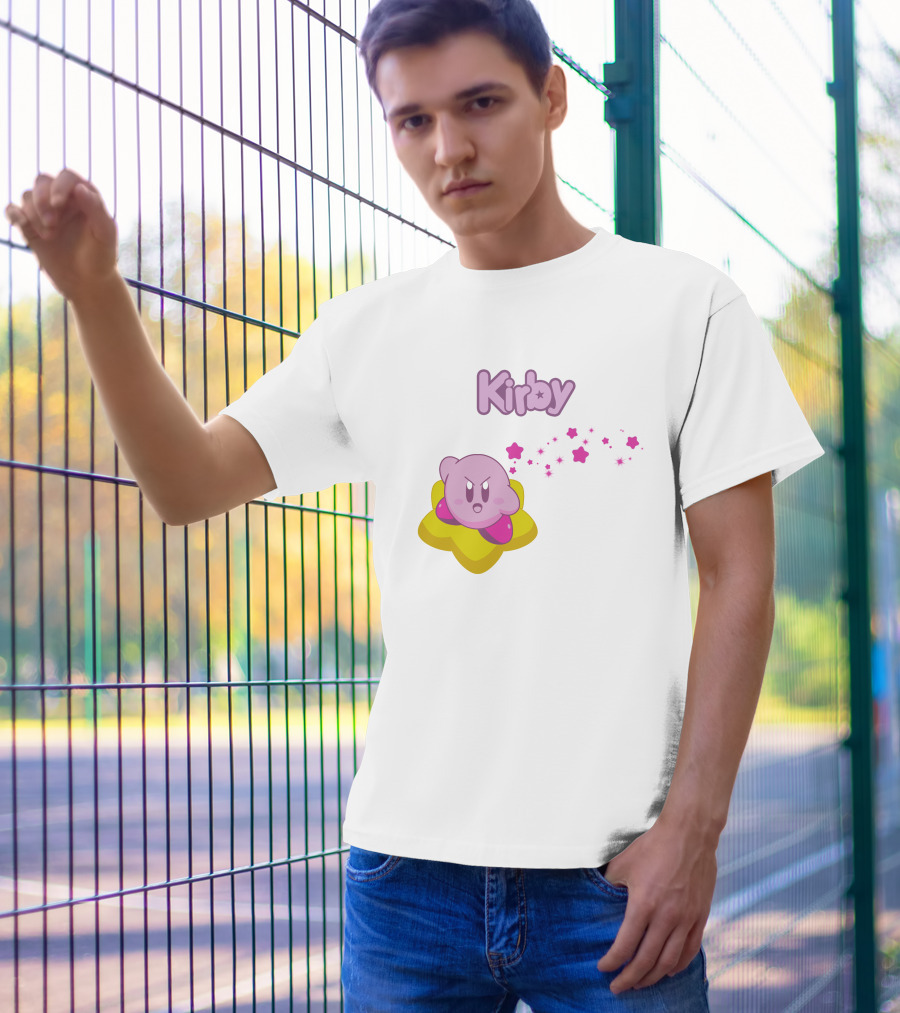 Kirby On Star With Pink Sparkling Stars Trail T-Shirt