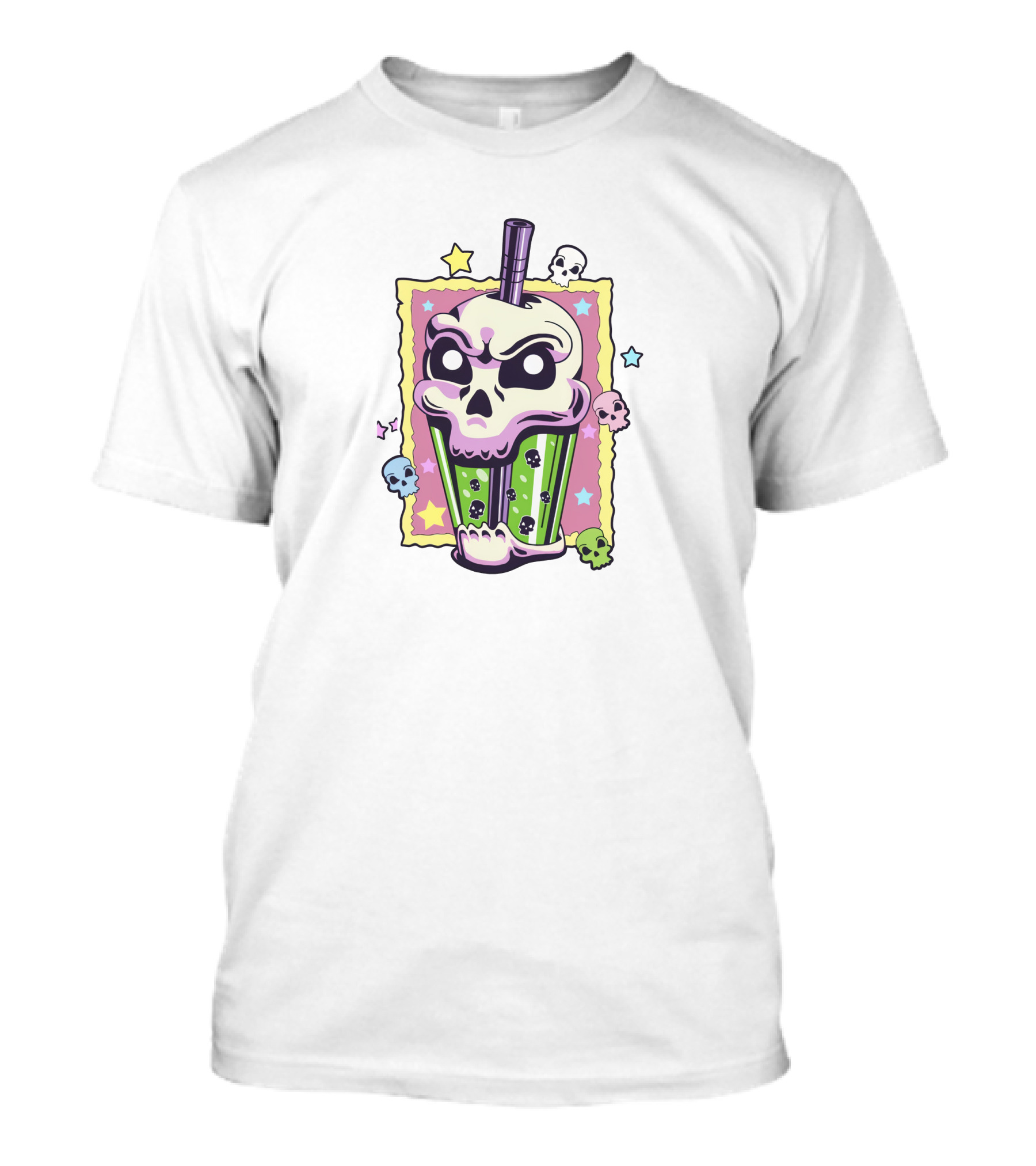 Kawaii Creepy Skull Boba Bubble Stars Pastel Skulls T-Shirt