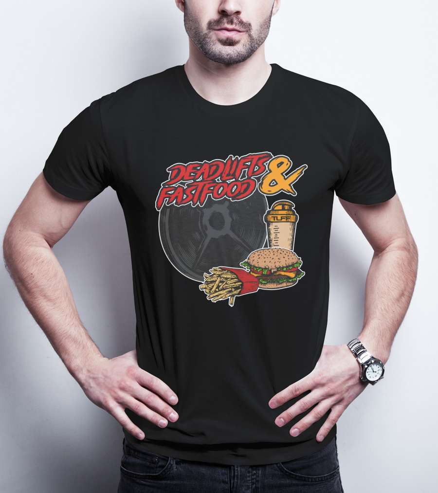 Deadlifts And Fastfood Burger Fries Protein Shake Weight Plate T-Shirt