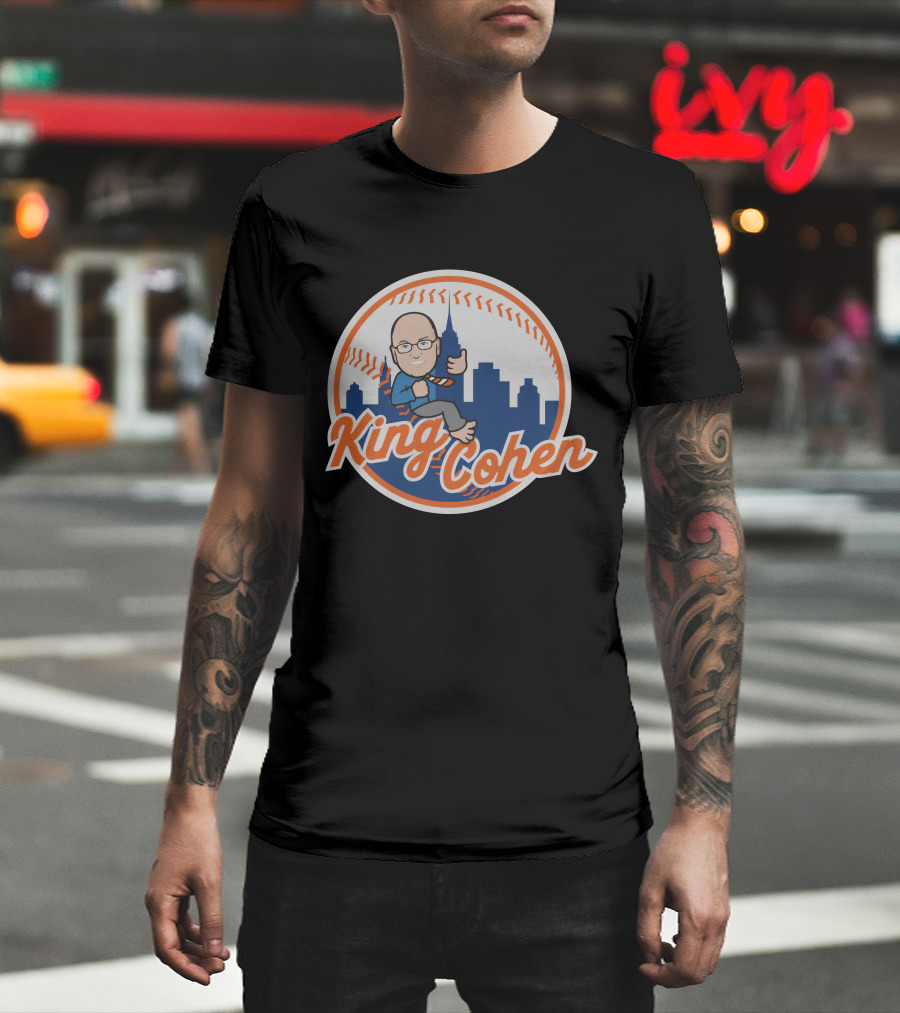 King Cohen Thumbs Up Cartoon New York Baseball Skyline T-Shirt