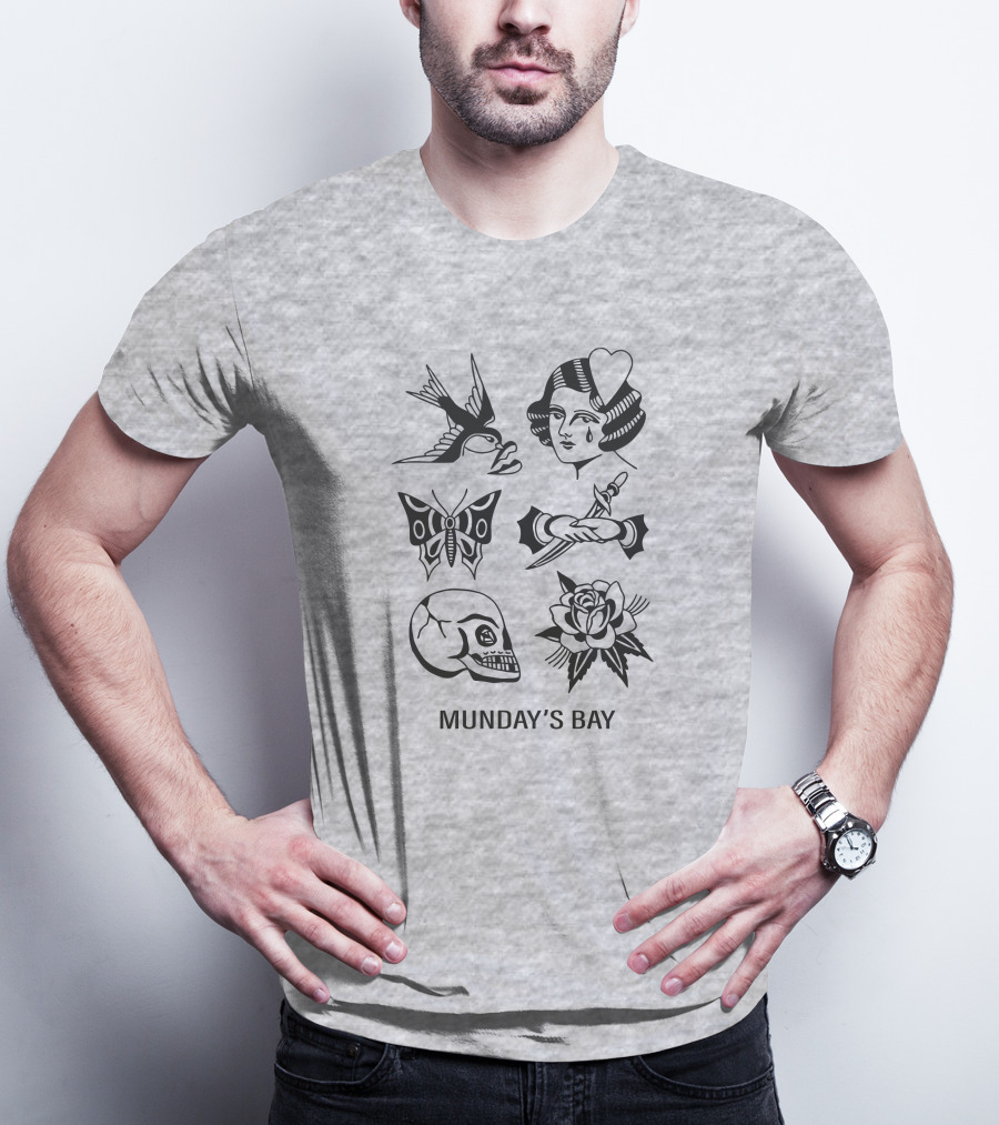 Munday's Bay Traditional Tattoo Style Icons Butterfly Skull Rose Swallow Woman Dagger T-Shirt