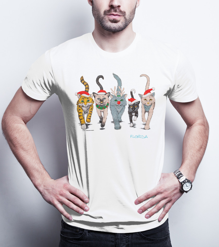 Festive Florida 90s Christmas Cats Holiday Santa Hats And Reindeer Antlers T-Shirt