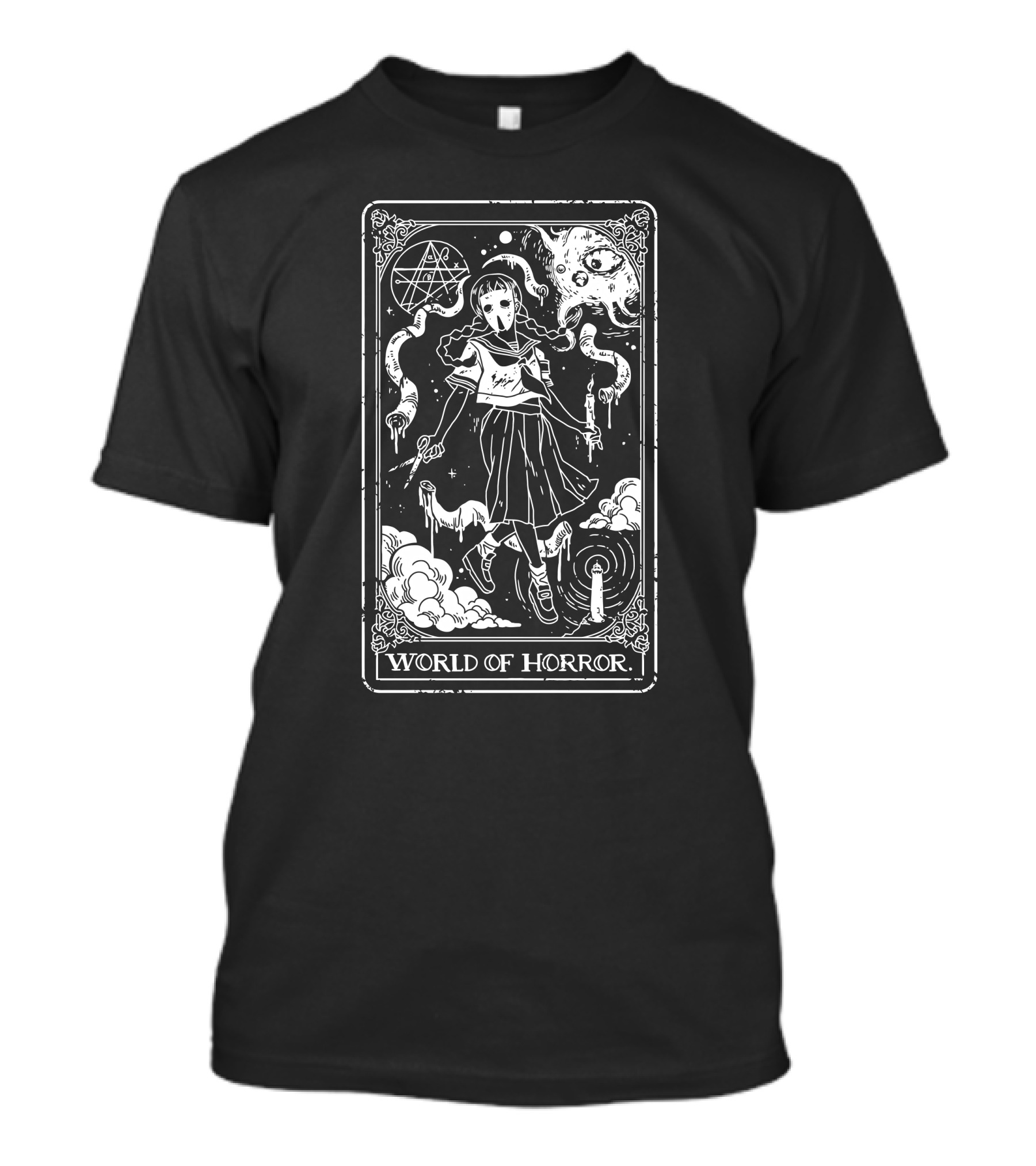 World Of Horror Ominous Tarot Card Art With Skeleton Ghosts And Moon T-Shirt