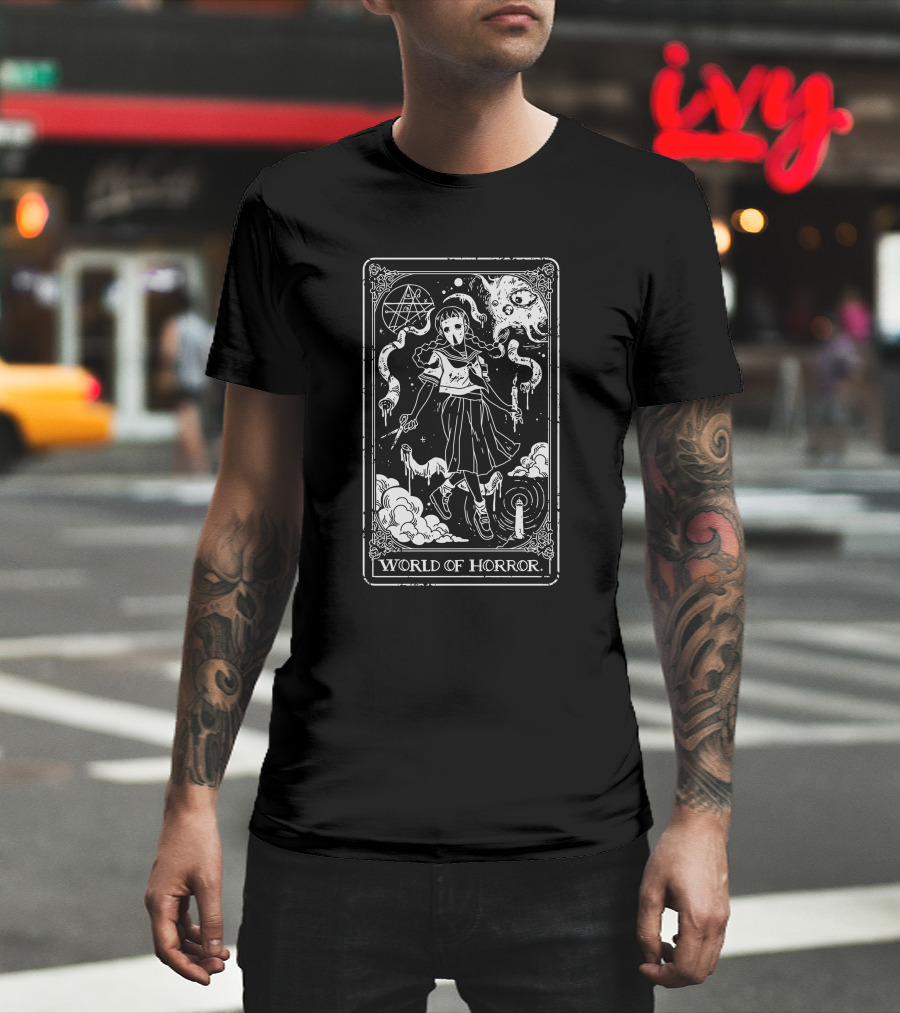 World Of Horror Ominous Tarot Card Art With Skeleton Ghosts And Moon T-Shirt
