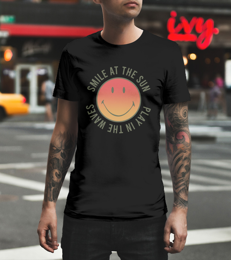 Smile At The Sun Play In The Waves Sunset Gradient Smiley Face T-Shirt