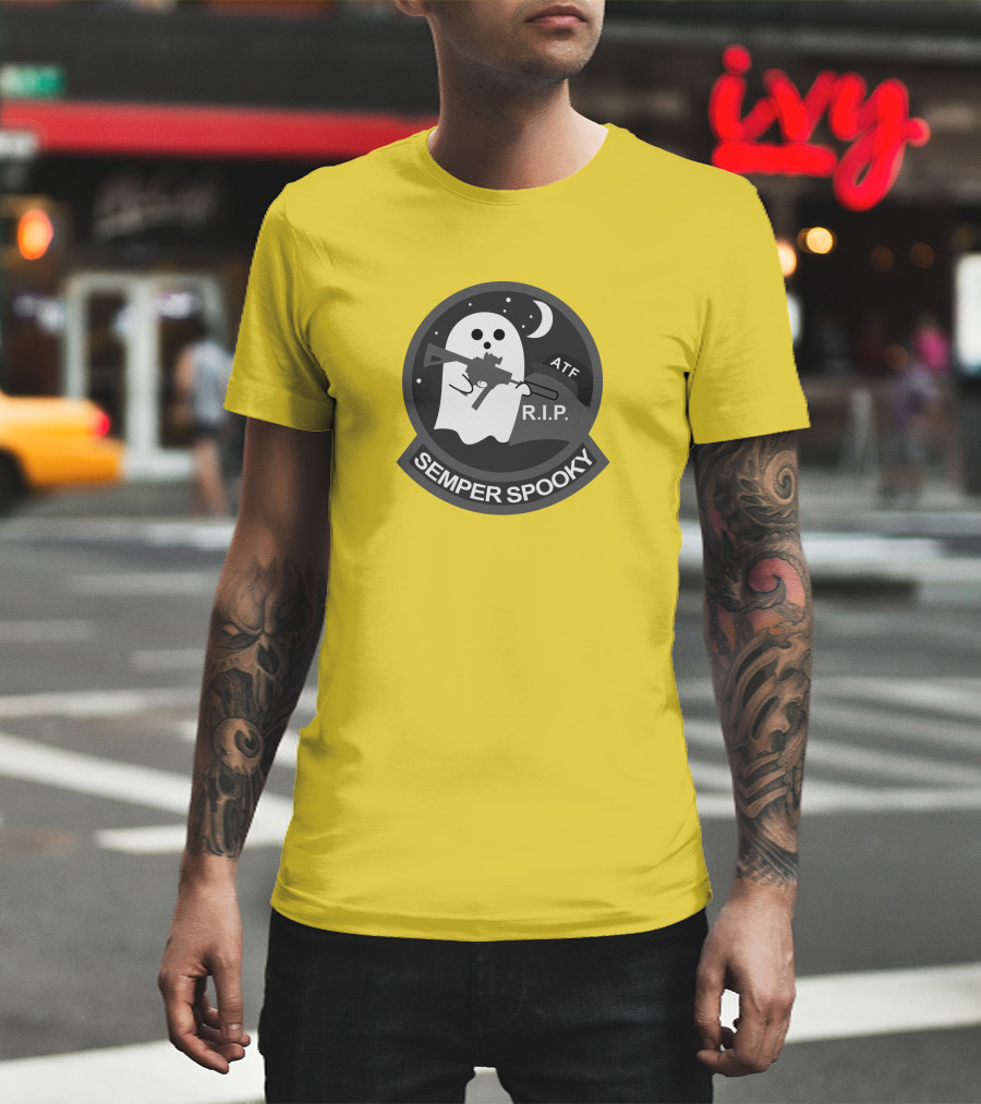 Semper Spooky Ghost With ATF Rifle And RIP Moon Badge T-Shirt