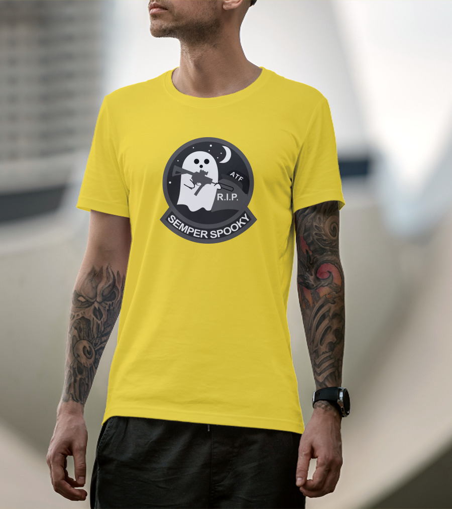 Semper Spooky Ghost With ATF Rifle And RIP Moon Badge T-Shirt