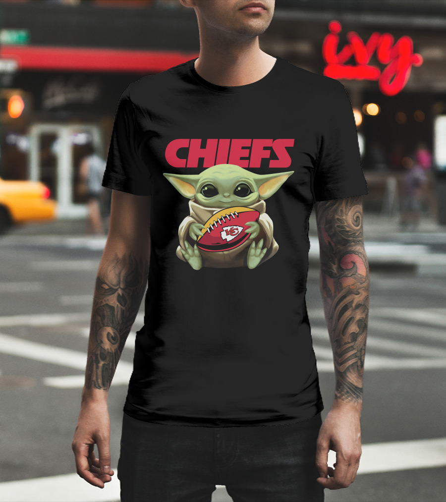 CHIEFS Baby Yoda Holding KC Chiefs Football T-Shirt