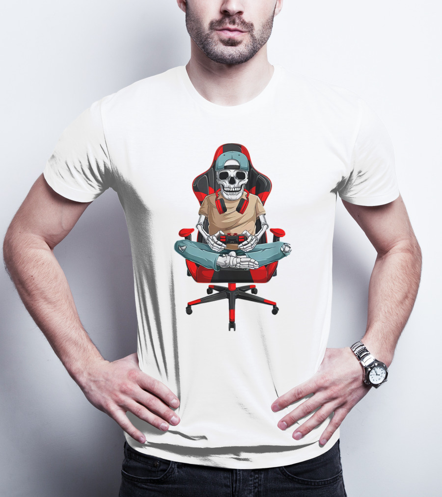 Skeleton Gamer In Cool Chair With Headphones And Controller T-Shirt