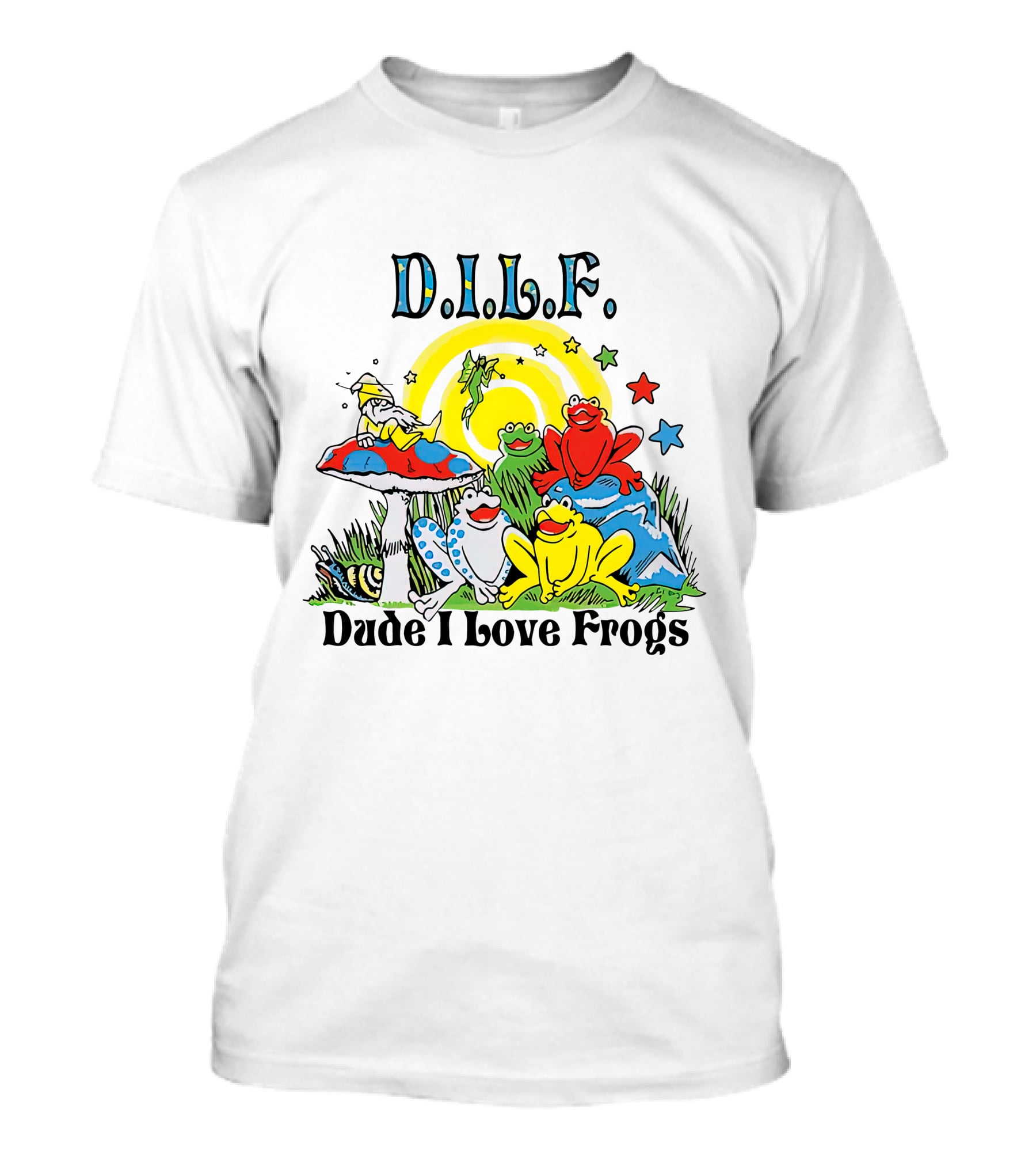 D.I.L.F. Dude I Love Frogs Colorful Frog Scene With Stars And Mushrooms T-Shirt