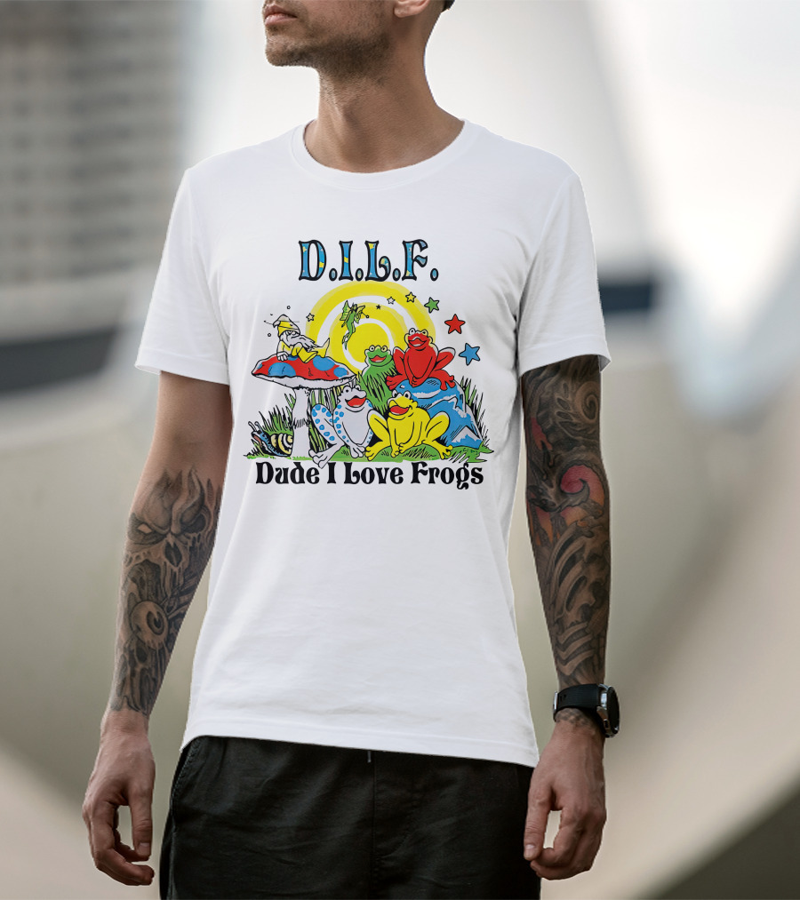 D.I.L.F. Dude I Love Frogs Colorful Frog Scene With Stars And Mushrooms T-Shirt
