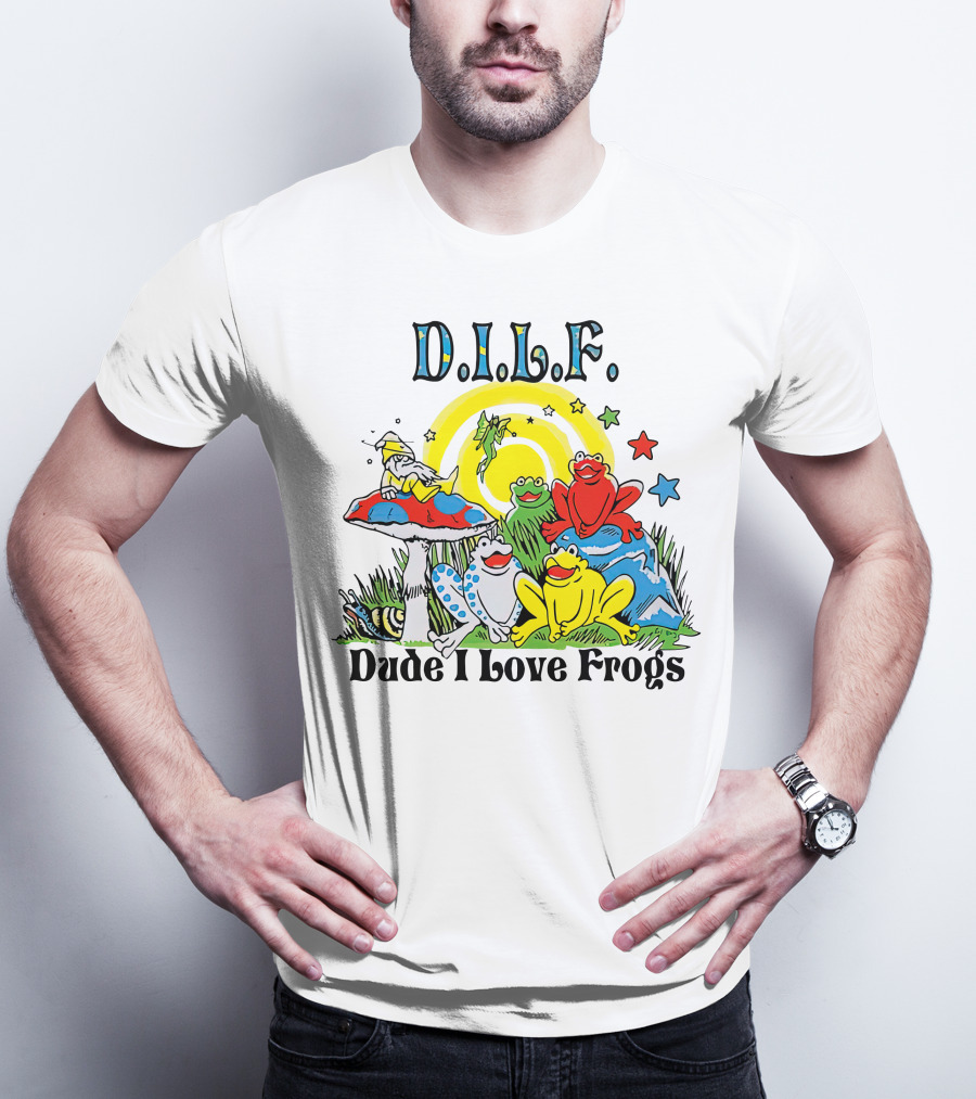 D.I.L.F. Dude I Love Frogs Colorful Frog Scene With Stars And Mushrooms T-Shirt