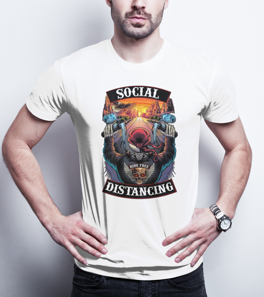 Social Distancing Ride Free Biker Skull Chicano Crew Motorcycle T-Shirt