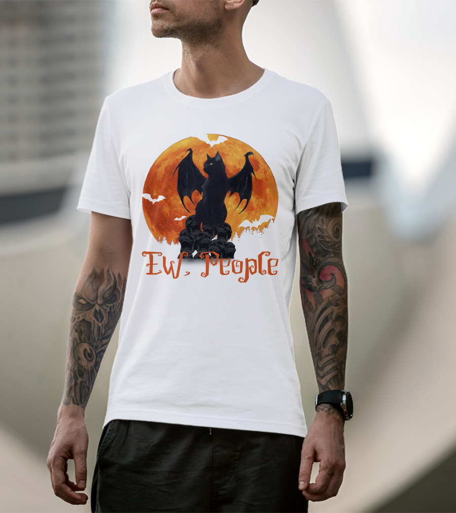 Ew People Black Cat With Bat Wings Halloween Orange Moon T-Shirt