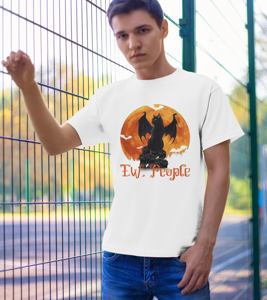 Ew People Black Cat With Bat Wings Halloween Orange Moon T-Shirt