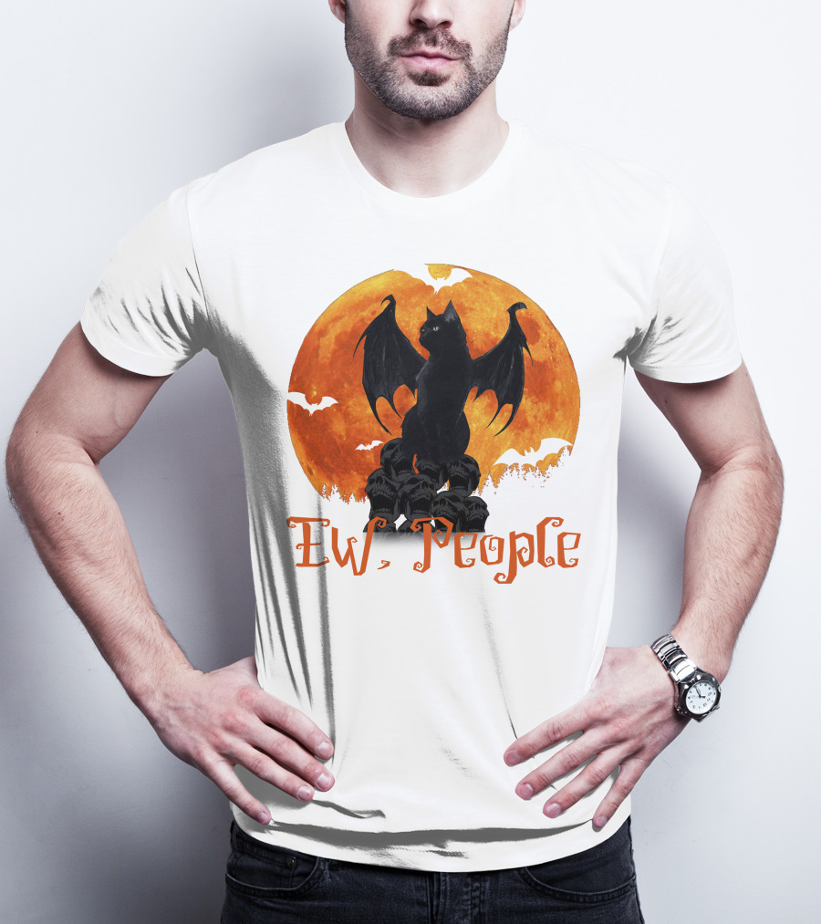 Ew People Black Cat With Bat Wings Halloween Orange Moon T-Shirt