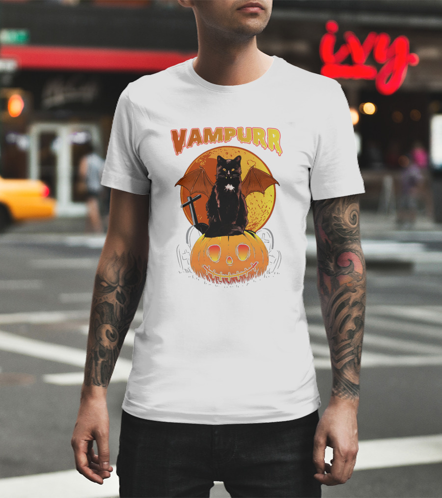 Vampurr Black Cat With Bat Wings And Pumpkin Halloween T-Shirt