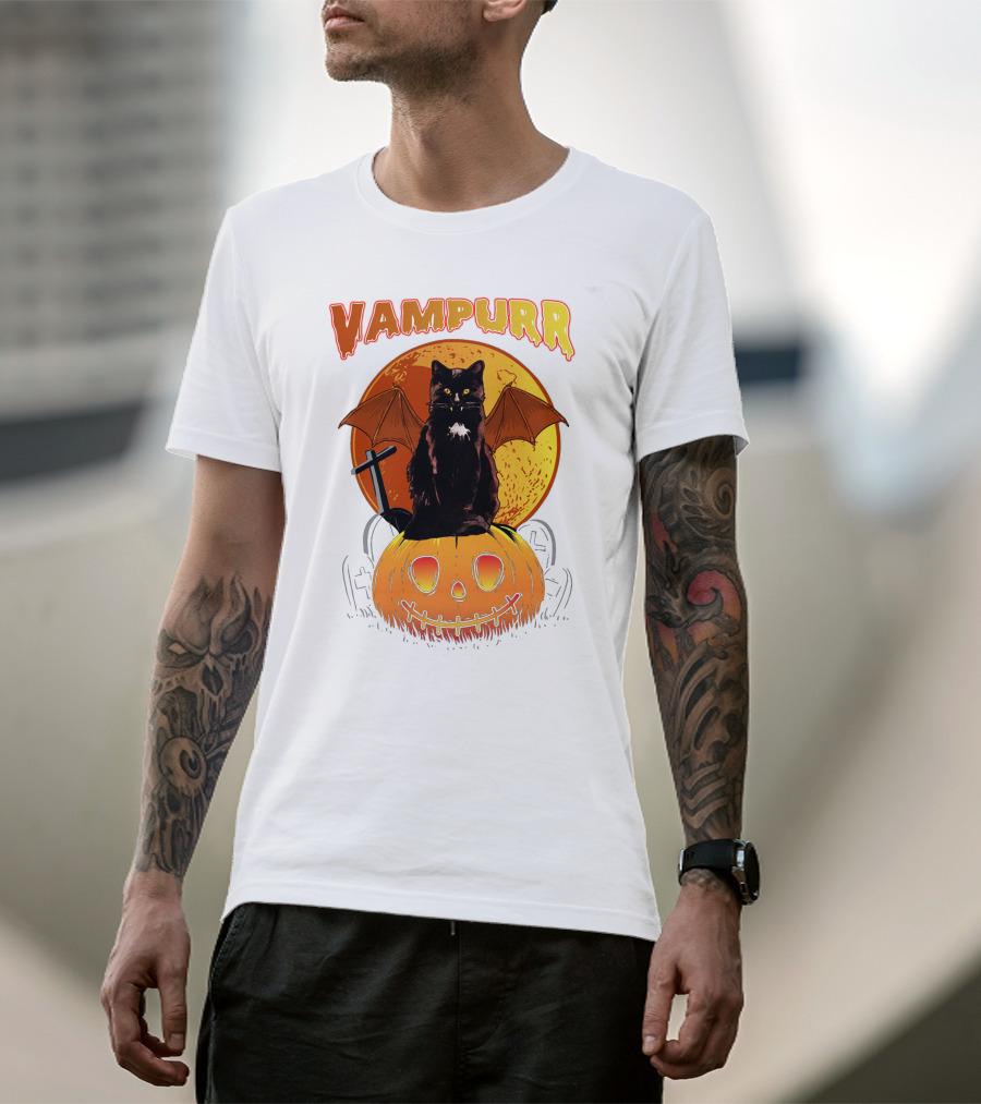 Vampurr Black Cat With Bat Wings And Pumpkin Halloween T-Shirt