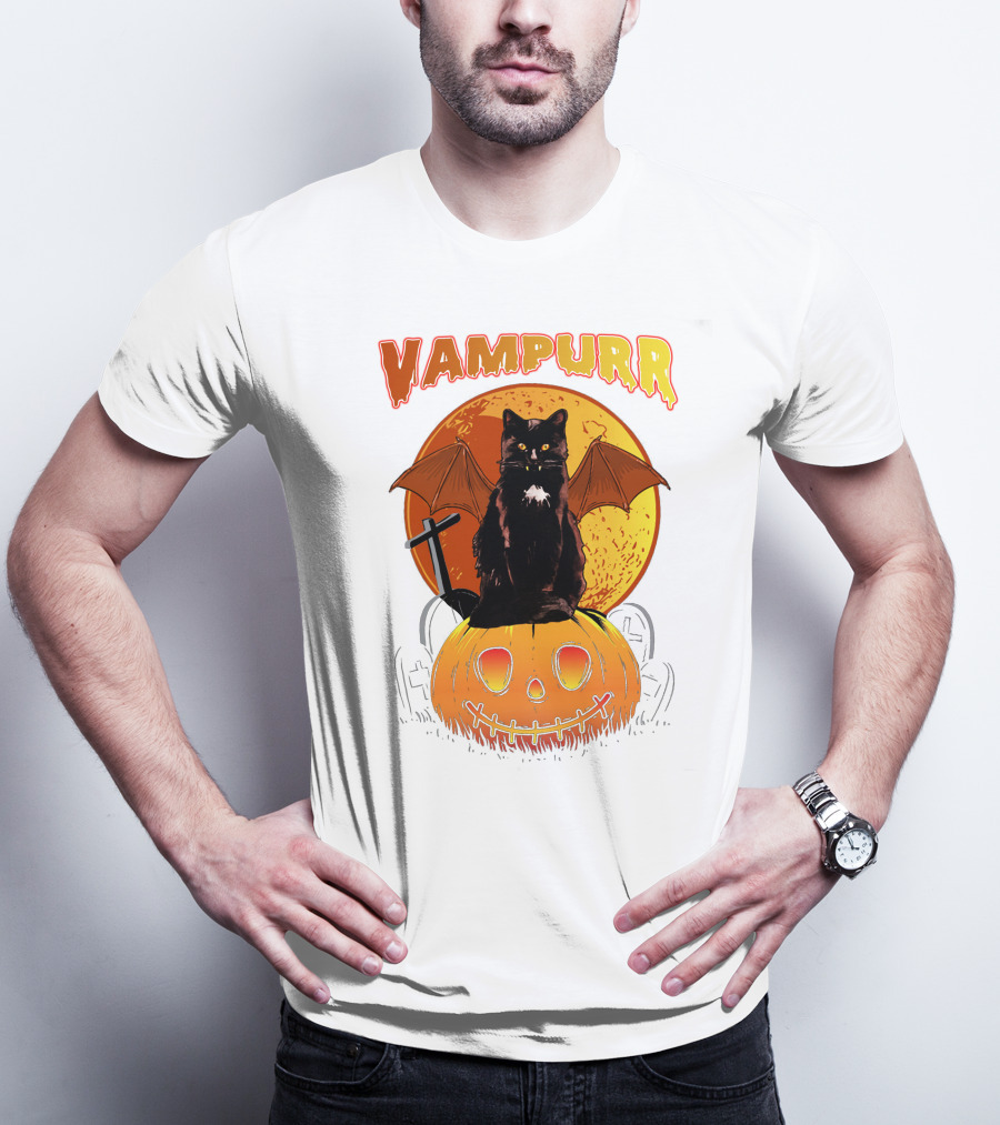 Vampurr Black Cat With Bat Wings And Pumpkin Halloween T-Shirt