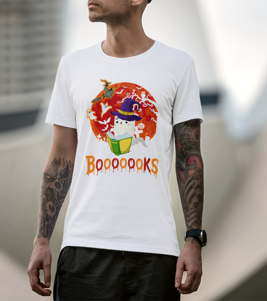 BOOOOOOKS Ghost Reading Witch Hat Halloween Scene T-Shirt
