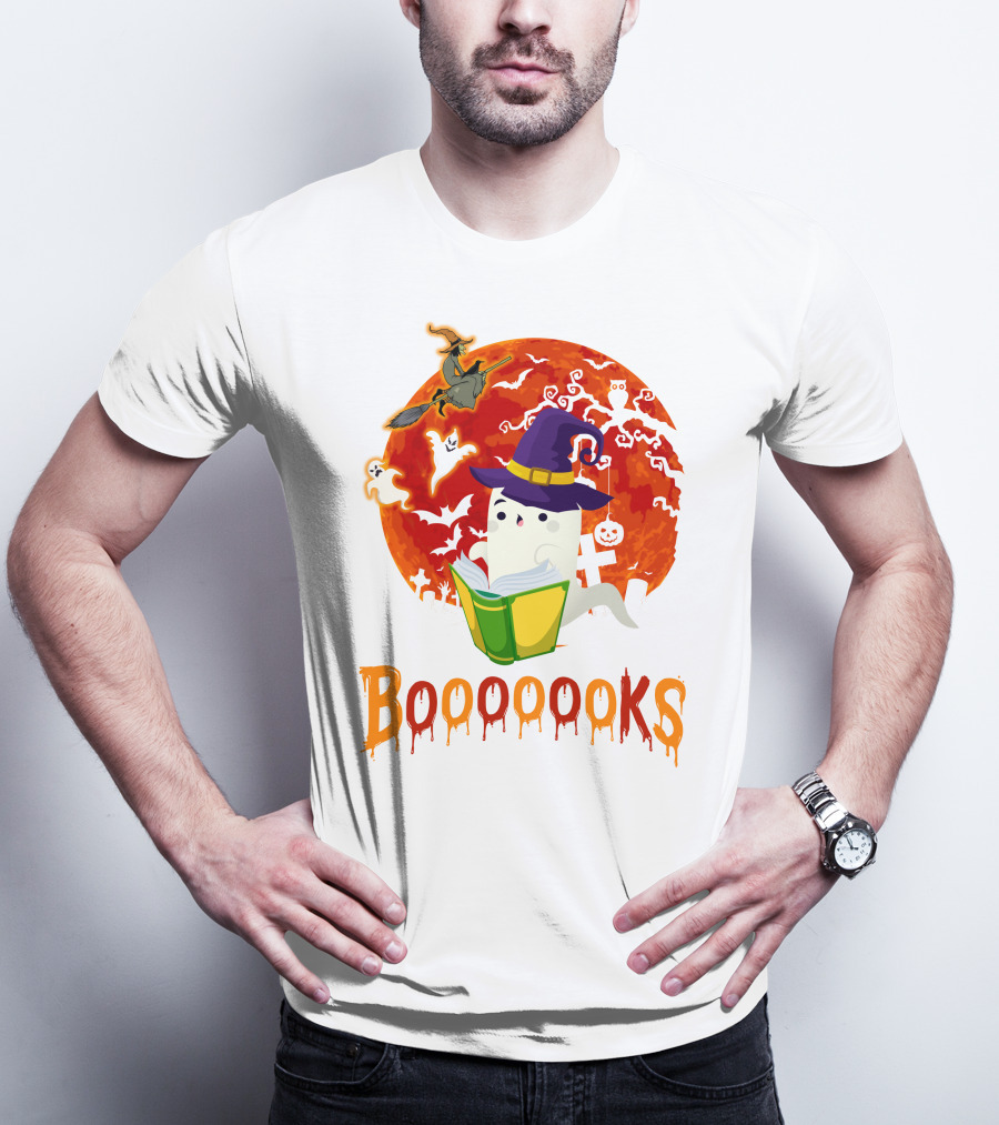BOOOOOOKS Ghost Reading Witch Hat Halloween Scene T-Shirt