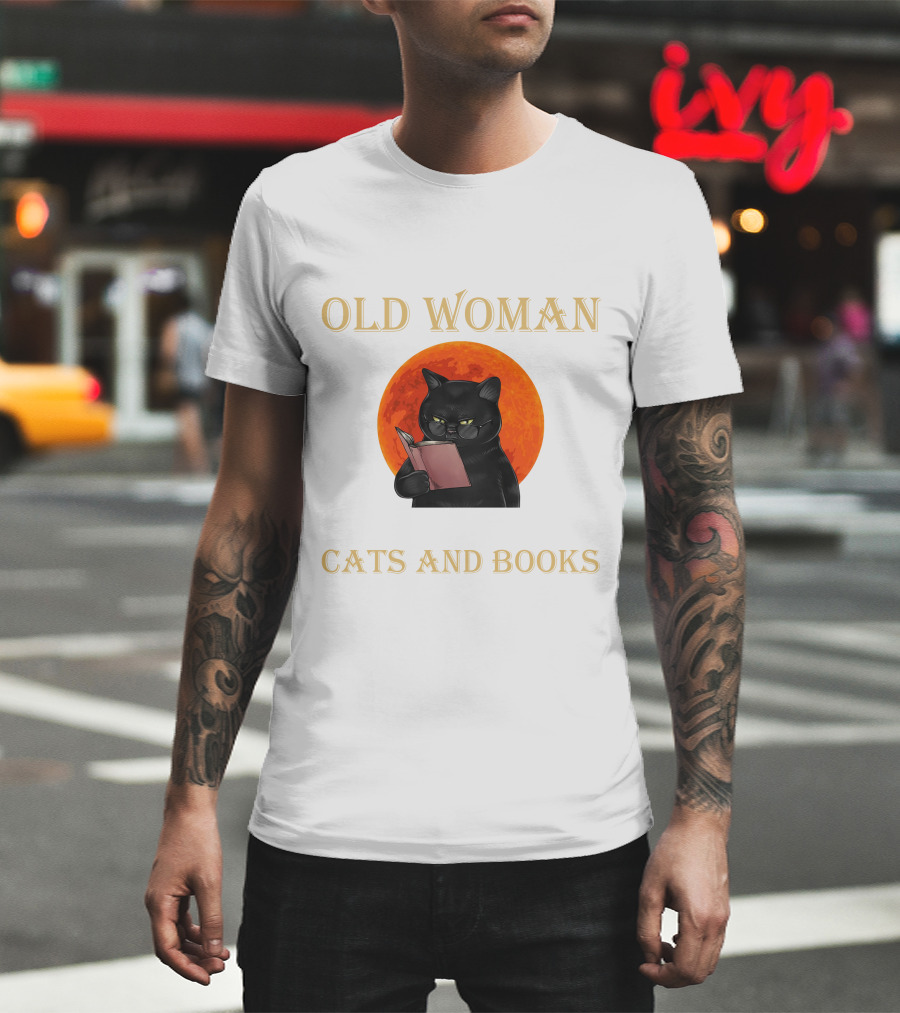 Old Woman Cats And Books Black Cat Reading Orange Moon T-Shirt