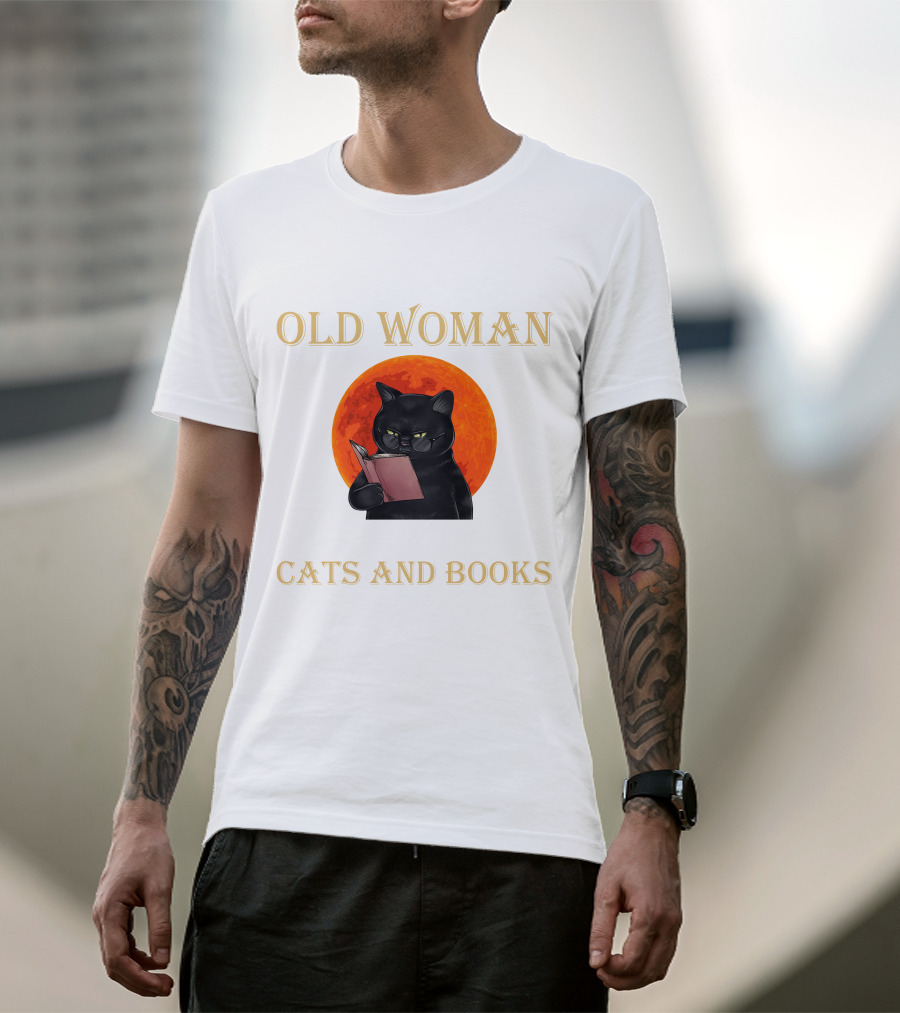 Old Woman Cats And Books Black Cat Reading Orange Moon T-Shirt