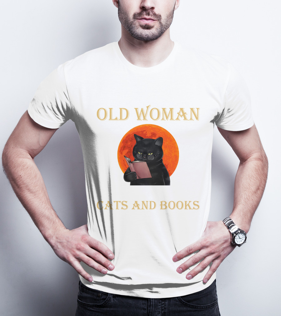 Old Woman Cats And Books Black Cat Reading Orange Moon T-Shirt
