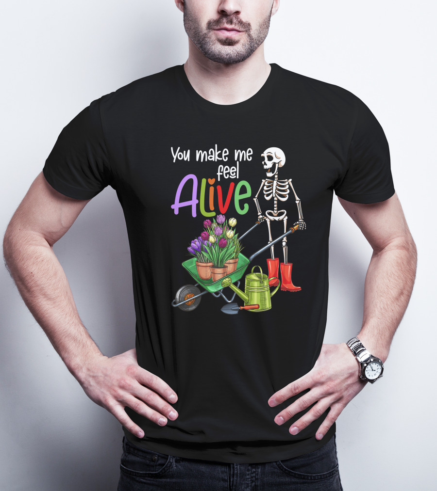 Alive Gardening Farmer Skeleton With Tulips And Watering Can T-Shirt