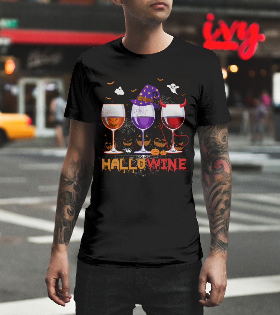 Haloween Hallowine Witch Hat Devil Horns Jack-O'-Lanterns Wine Glasses T-Shirt