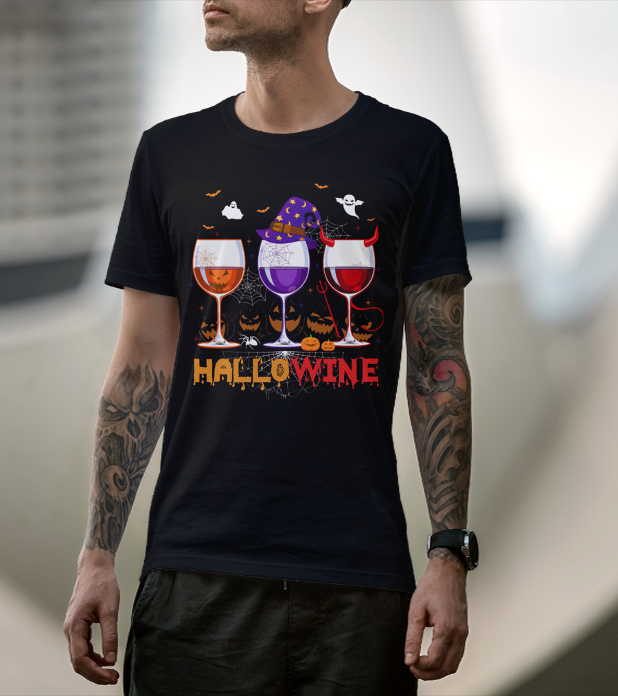 Haloween Hallowine Witch Hat Devil Horns Jack-O'-Lanterns Wine Glasses T-Shirt