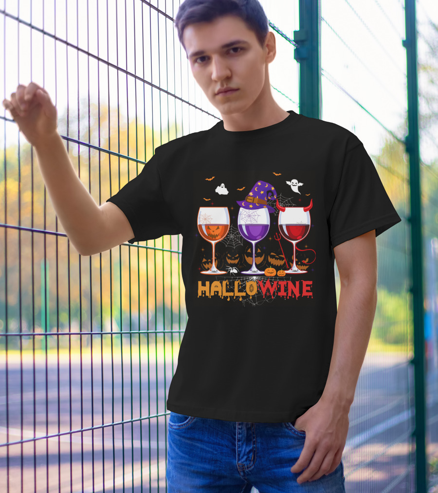 Haloween Hallowine Witch Hat Devil Horns Jack-O'-Lanterns Wine Glasses T-Shirt