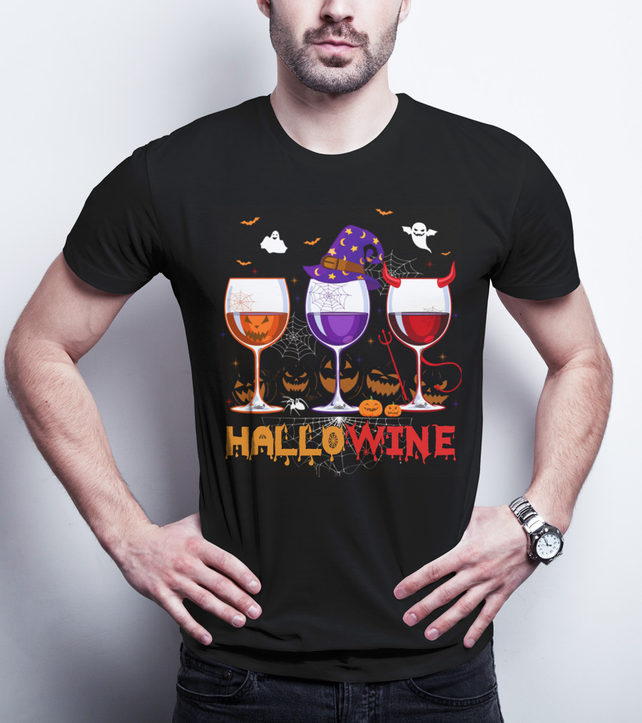 Haloween Hallowine Witch Hat Devil Horns Jack-O'-Lanterns Wine Glasses T-Shirt