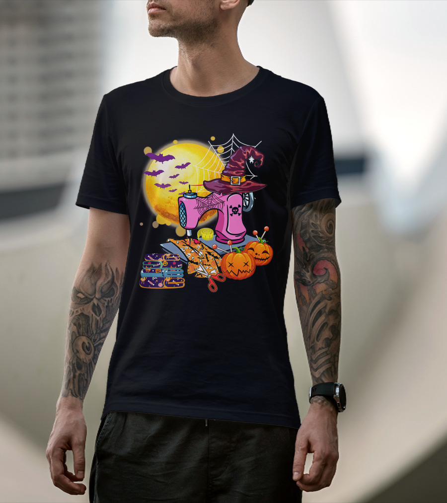 Sewing Machine Witch Hat Halloween Pumpkins Bats Moon T-Shirt