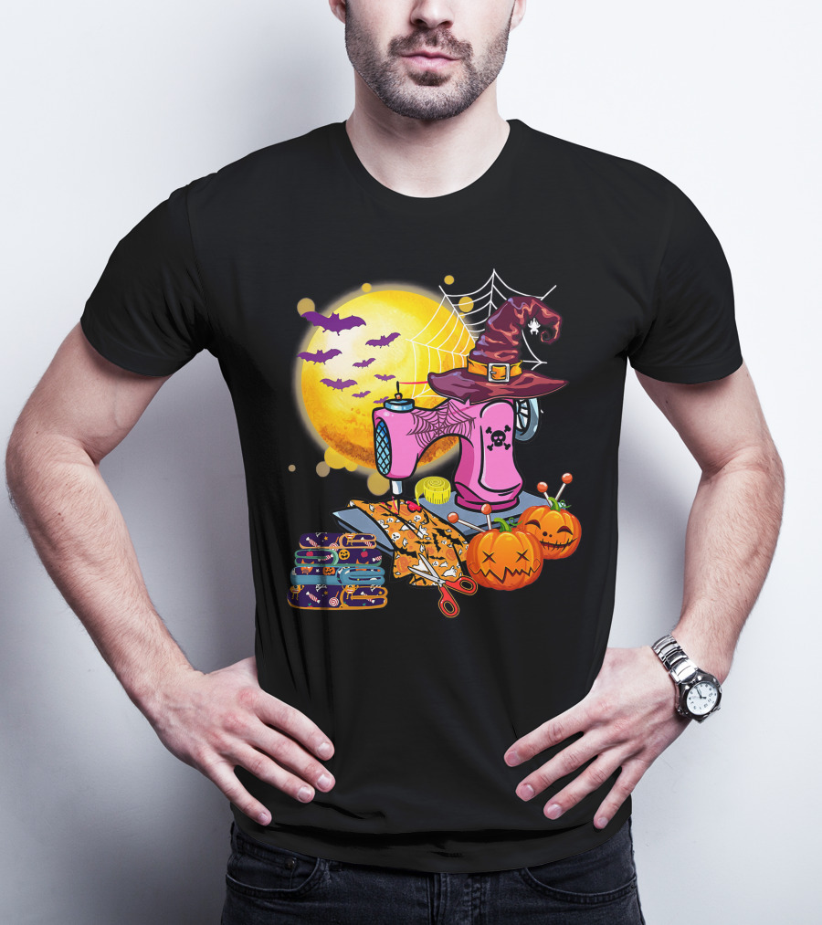 Sewing Machine Witch Hat Halloween Pumpkins Bats Moon T-Shirt