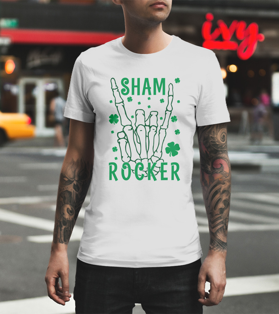 SHAM ROCKER Skeleton Hand With Shamrocks T-Shirt