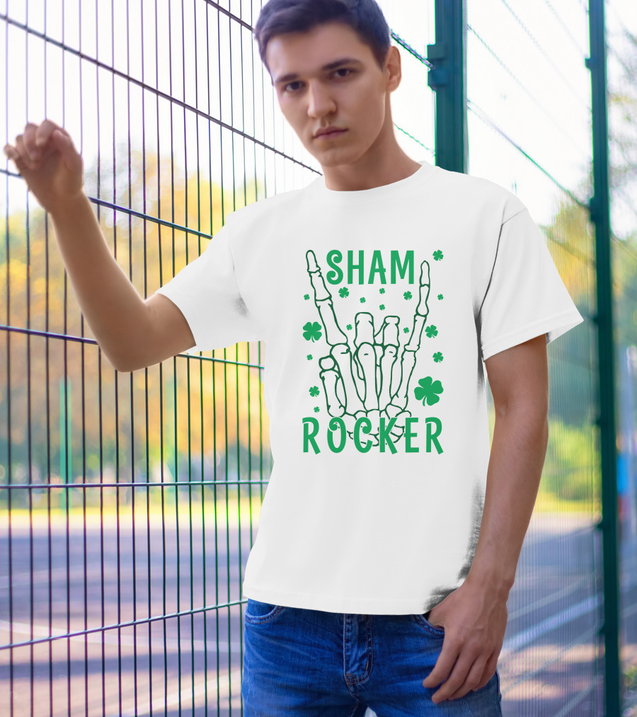 SHAM ROCKER Skeleton Hand With Shamrocks T-Shirt