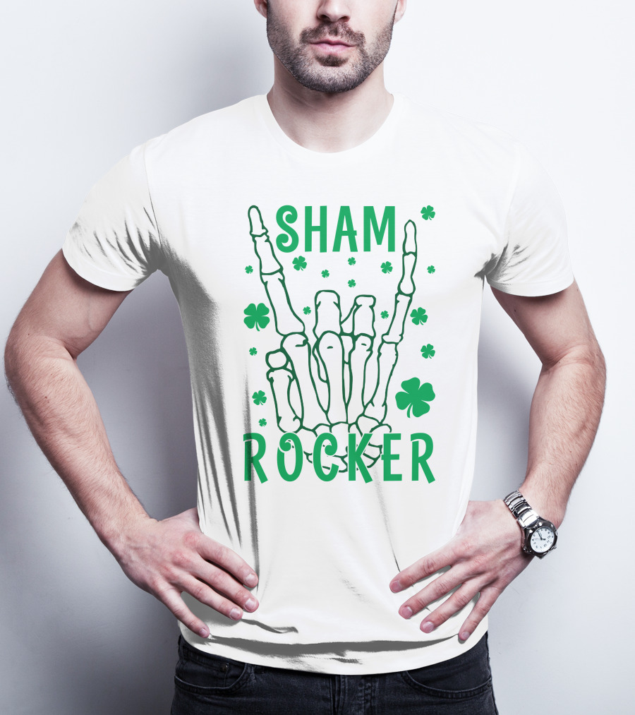 SHAM ROCKER Skeleton Hand With Shamrocks T-Shirt