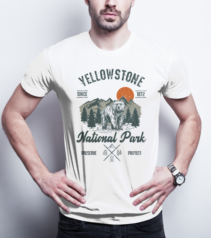 Yellowstone National Park Since 1872 Preserve Protect Vintage Bear Mountain Trees T-Shirt