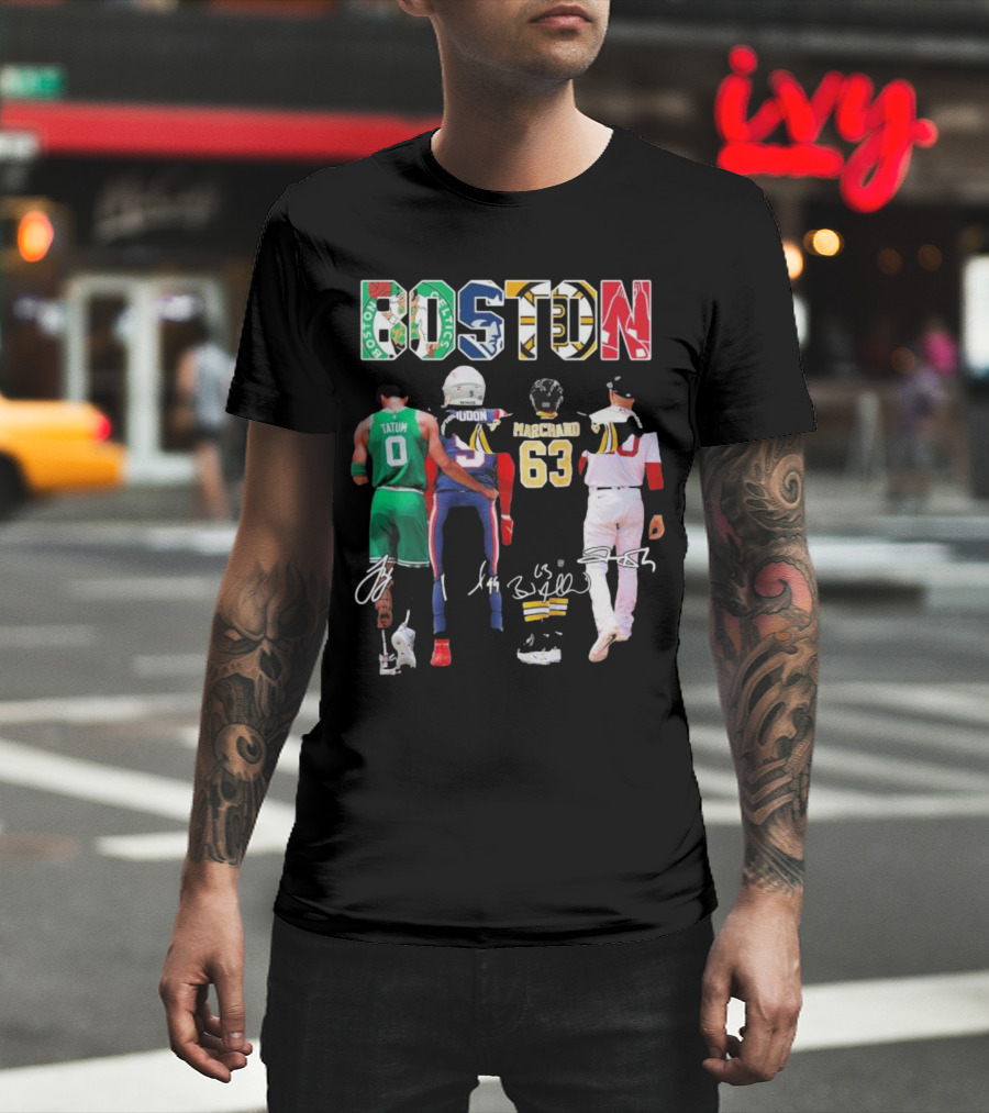 Boston Celtics Patriots Bruins Red Sox Tatum Iddon Marchand Signatures T-Shirt