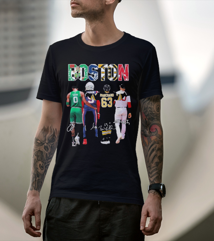 Boston Celtics Patriots Bruins Red Sox Tatum Iddon Marchand Signatures T-Shirt