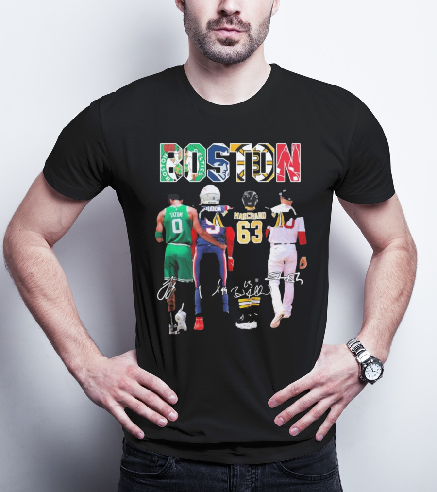 Boston Celtics Patriots Bruins Red Sox Tatum Iddon Marchand Signatures T-Shirt