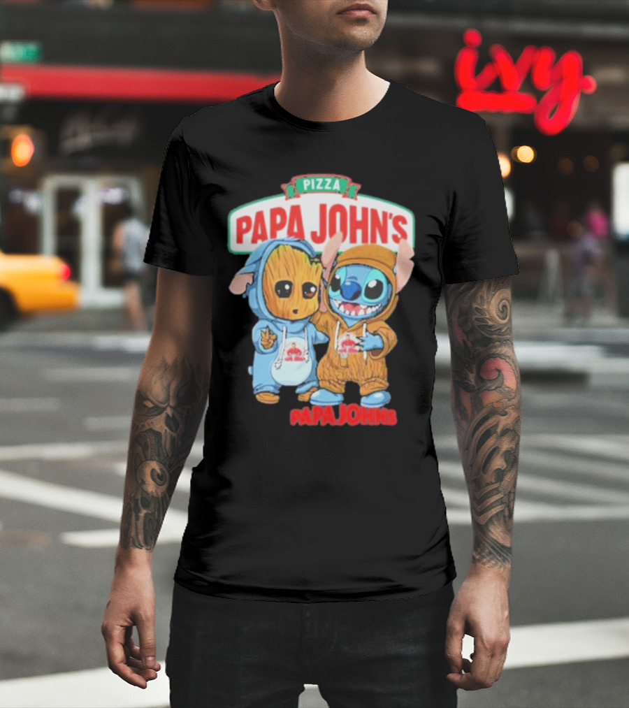 Papa John's Pizza With Groot And Stitch Characters T-Shirt