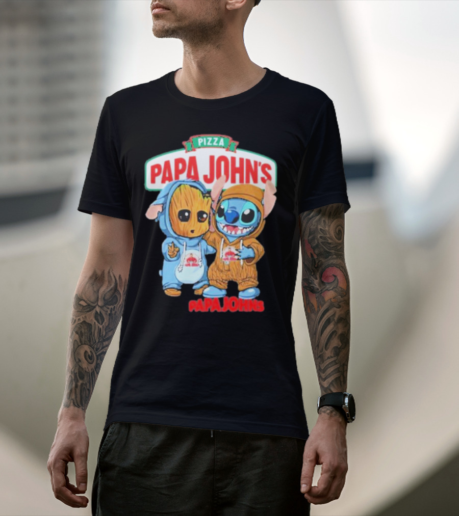 Papa John's Pizza With Groot And Stitch Characters T-Shirt