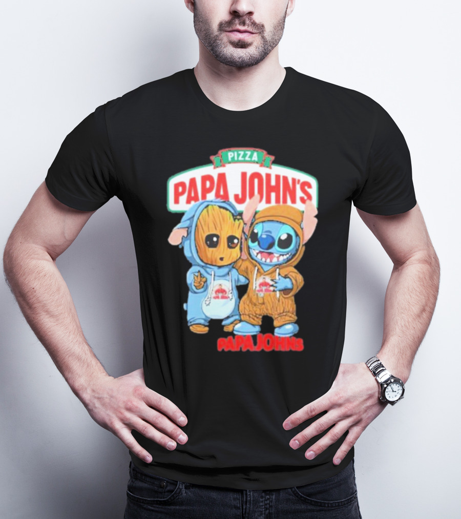 Papa John's Pizza With Groot And Stitch Characters T-Shirt