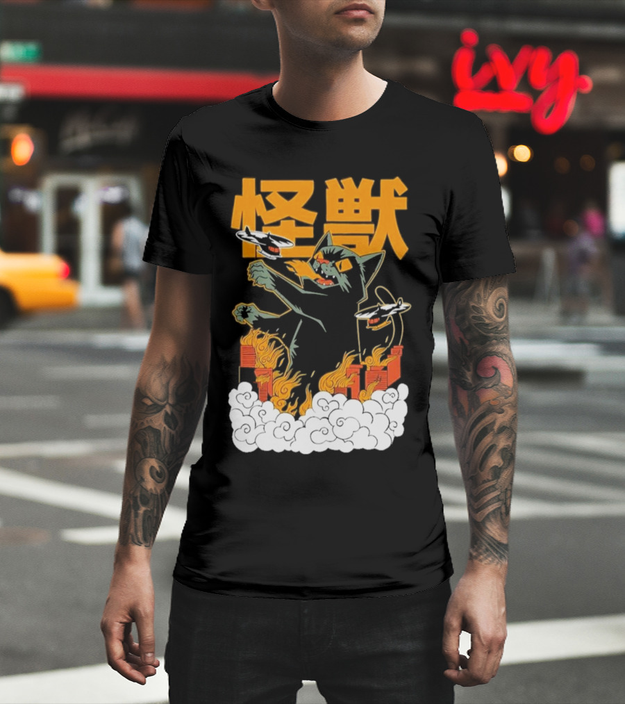 Kaiju No 8 Monster Cat Attack With Helicopters And Flames T-Shirt