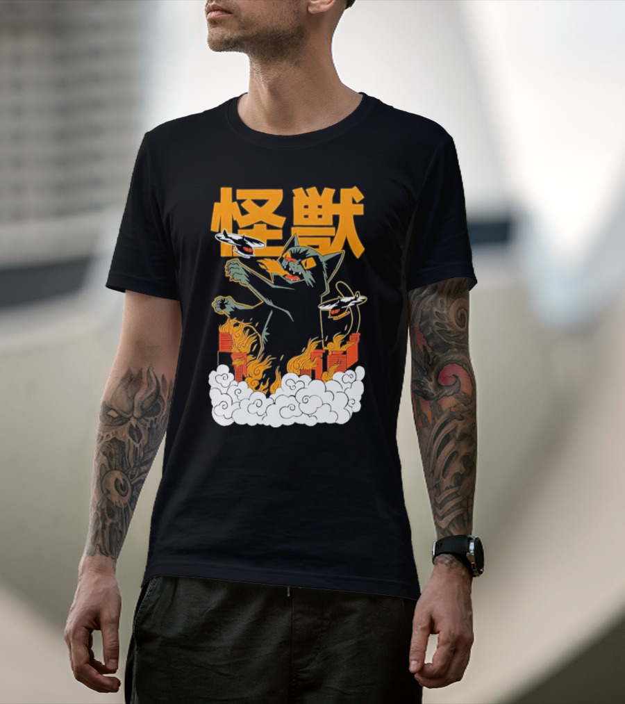 Kaiju No 8 Monster Cat Attack With Helicopters And Flames T-Shirt