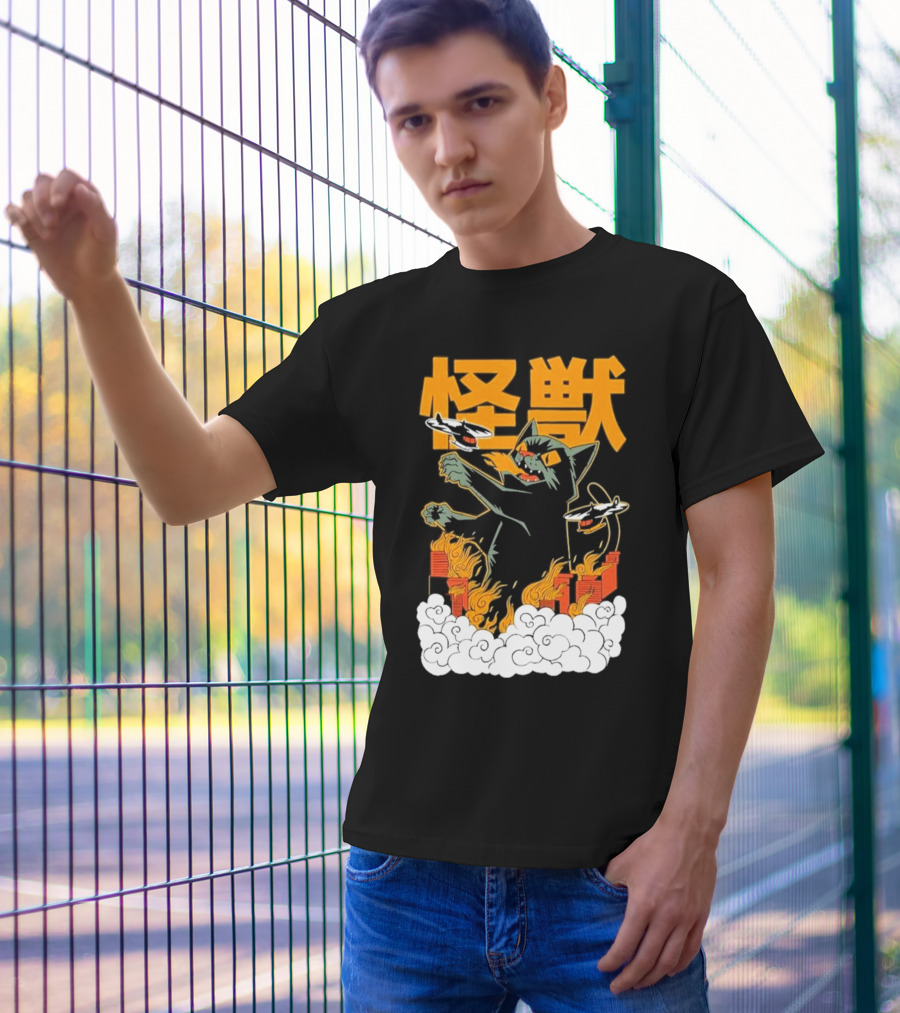 Kaiju No 8 Monster Cat Attack With Helicopters And Flames T-Shirt