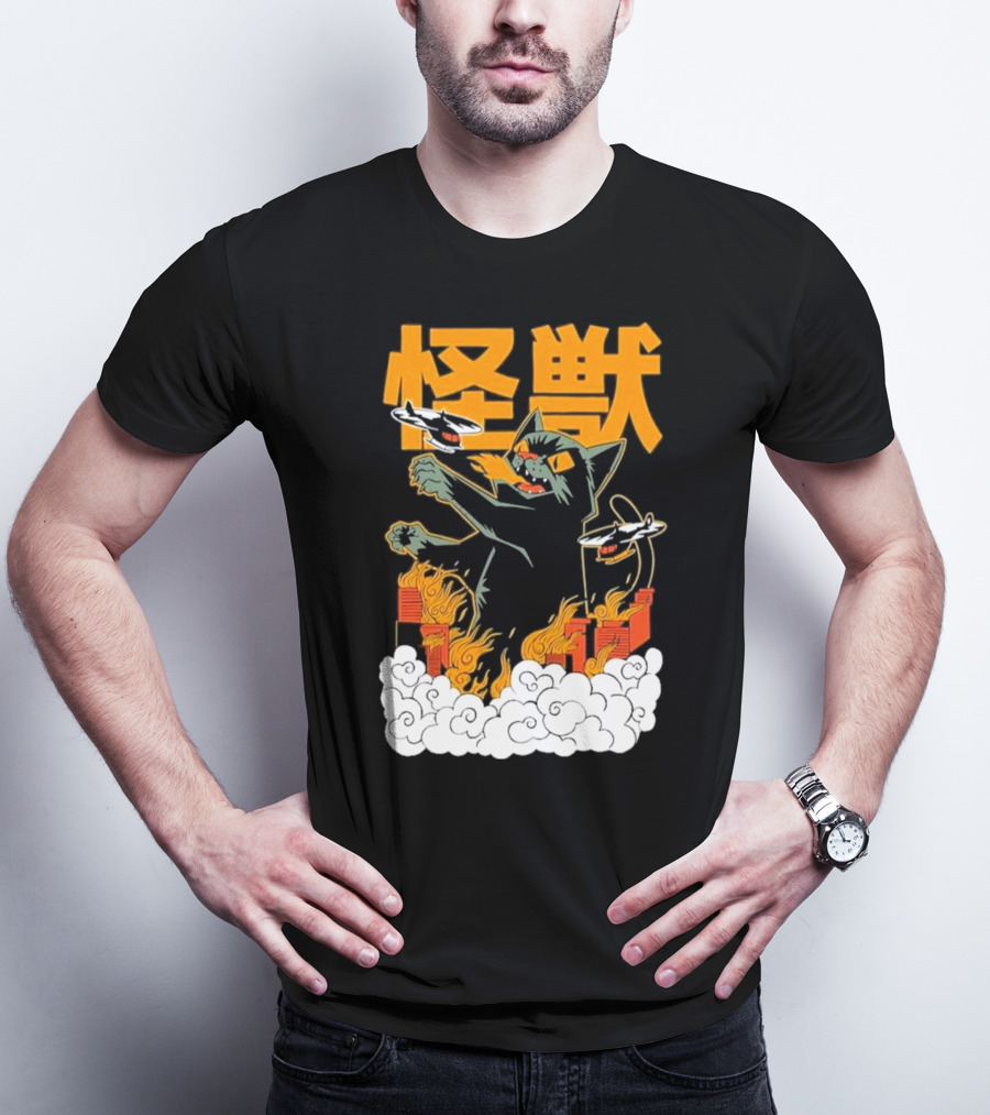 Kaiju No 8 Monster Cat Attack With Helicopters And Flames T-Shirt